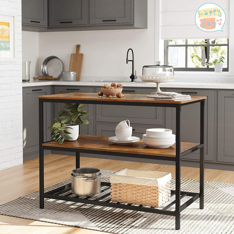 17 Stories Kitchen Island With 3 Shelves Stable Steel Structure Industrial Easy To Assemble Rustic Brown Wayfair